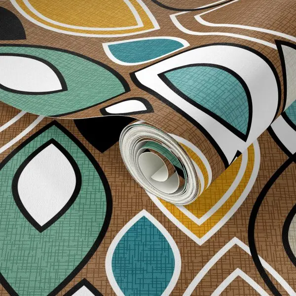 Spoonflower Black And White Brown Retro Turquoise Geometric Custom Pre-pasted Wallpaper - Brown,teal,gray