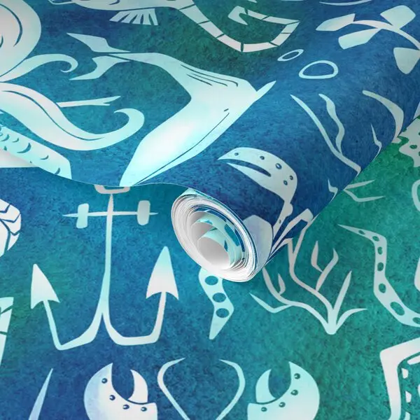 Spoonflower Sea Nautical Mermaid Watercolor Blue Mermaids Traditional Wallpaper - Blue,green,turquoise