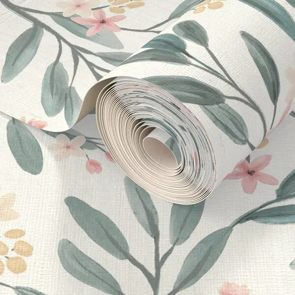 Spoonflower Pink Green Blue Yellow Leaves Grey Custom Removable Wallpaper - White,gray,teal