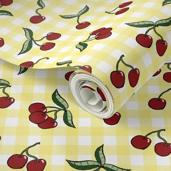 Spoonflower Vintage Retro Gingham 1950s 1940s Checks Cherries Custom Removable Wallpaper - Green,brown,gray