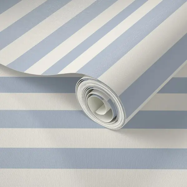 Spoonflower Stripe Cream Blue Horizontal One Inch Custom Pre-pasted Wallpaper - Blue,white,gray
