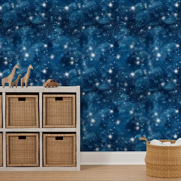 Spoonflower Hawaiian Bioluminescence Night Jellyfish Ocean Custom Pre-pasted Wallpaper - Blue