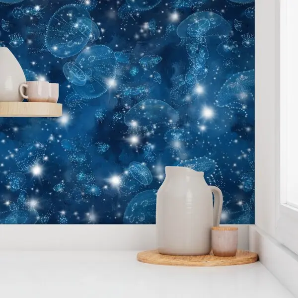 Spoonflower Hawaiian Bioluminescence Night Jellyfish Ocean Custom Pre-pasted Wallpaper - Blue