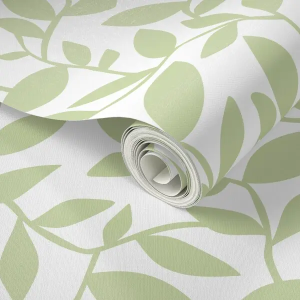 Spoonflower Botanical Leaves Green Custom Removable Wallpaper - Sage,white,gray
