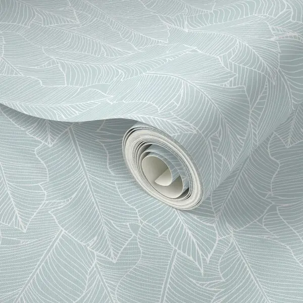 Spoonflower Blue Leaves Light Jungle Lines Custom Pre-pasted Wallpaper - Blue,white,gray