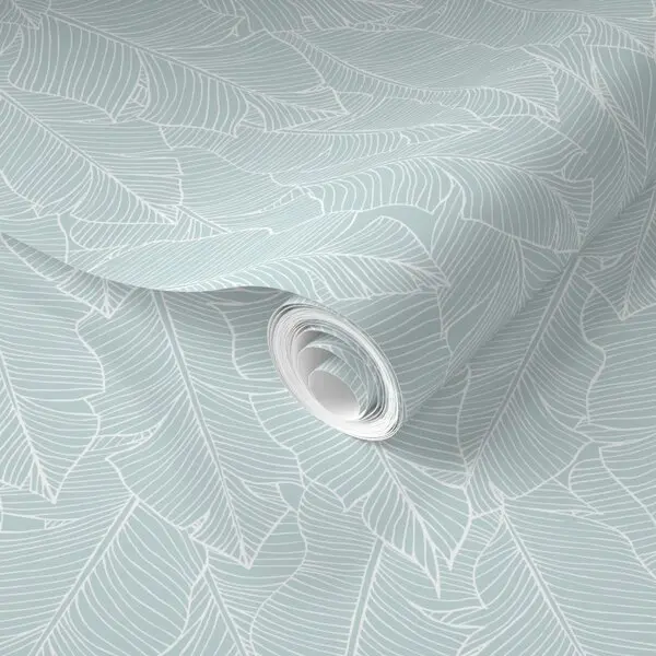 Spoonflower Blue Leaves Light Jungle Lines Traditional Wallpaper - Blue,white,gray