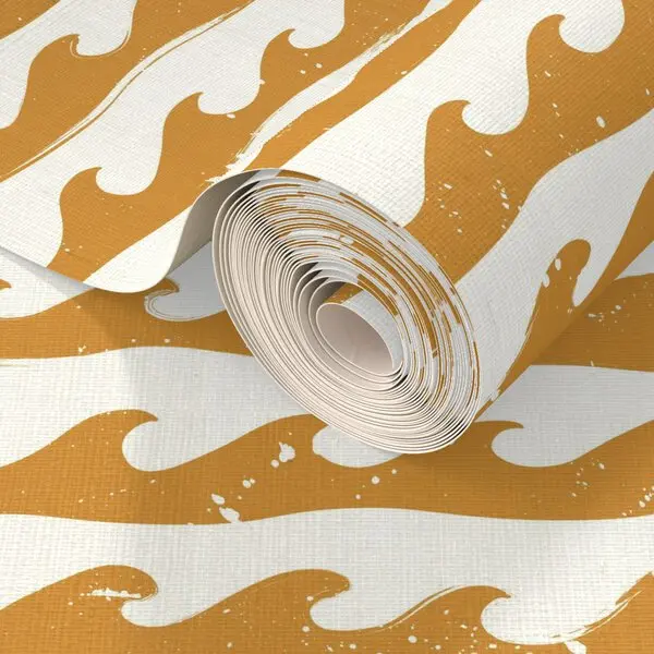 Spoonflower Waves Splashing In Island Sun Ocean Beach Surf 100% Natural Sisal Grasscloth Wallcovering - Yellow,gold,orange