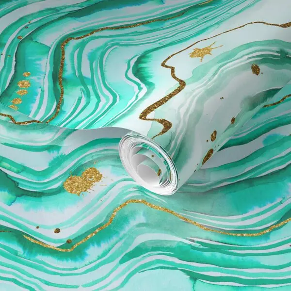 Spoonflower Mint Green Marbleized Geode Emerald Geology Gold Custom Pre-pasted Wallpaper - Green,white,turquoise