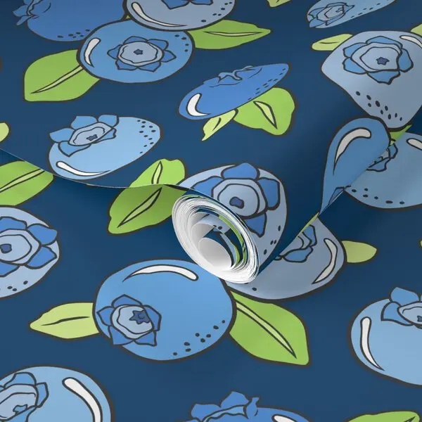 Spoonflower Blueberries Fruit Dark Blue Navy Spring Summer Traditional Wallpaper - Blue,green