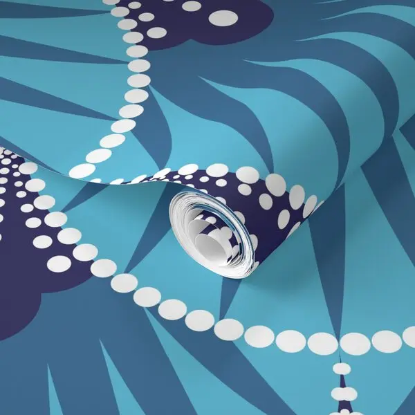 Spoonflower Art Deco Mermaid Scales Geometric Pearls Custom Removable Wallpaper - Blue