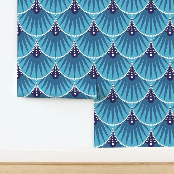 Spoonflower Art Deco Mermaid Scales Geometric Pearls Custom Removable Wallpaper - Blue
