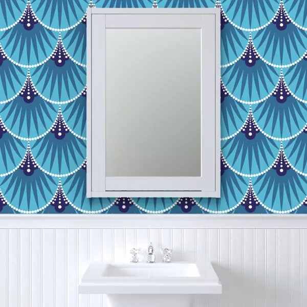 Spoonflower Art Deco Mermaid Scales Geometric Pearls Custom Removable Wallpaper - Blue