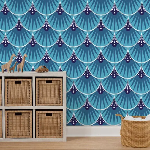 Spoonflower Art Deco Mermaid Scales Geometric Pearls Custom Removable Wallpaper - Blue