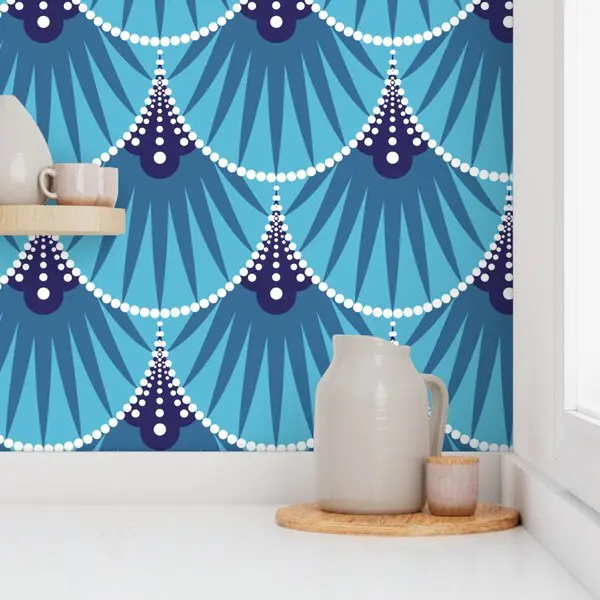 Spoonflower Art Deco Mermaid Scales Geometric Pearls Custom Removable Wallpaper - Blue