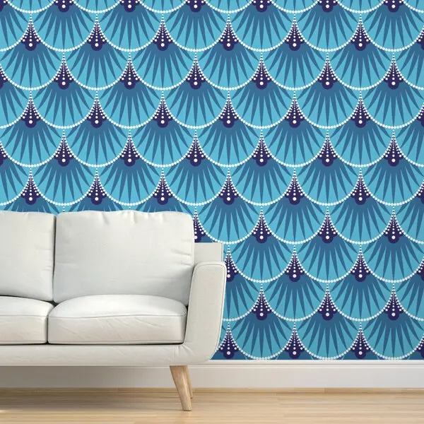 Spoonflower Art Deco Mermaid Scales Geometric Pearls Custom Removable Wallpaper - Blue