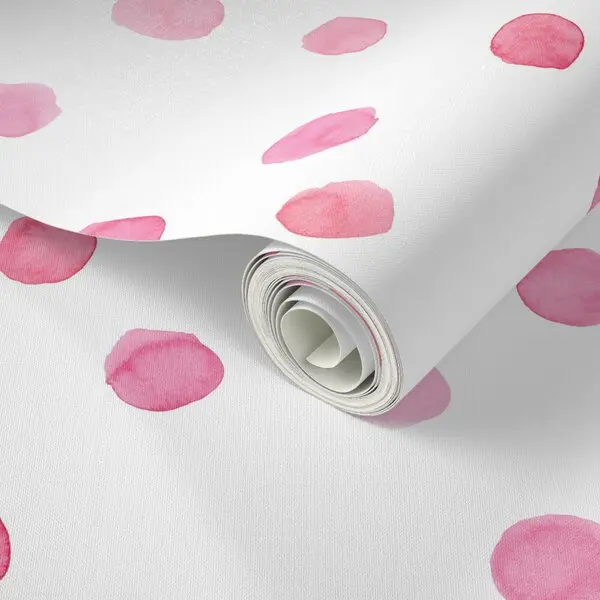 Spoonflower Pink Watercolor Polka Custom Pre-pasted Wallpaper - Gray,pink,white