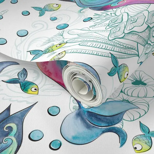 Spoonflower Cute Fish Seahorse Holiday Turtle Mermaids Custom Pre-pasted Wallpaper - White,green,mint