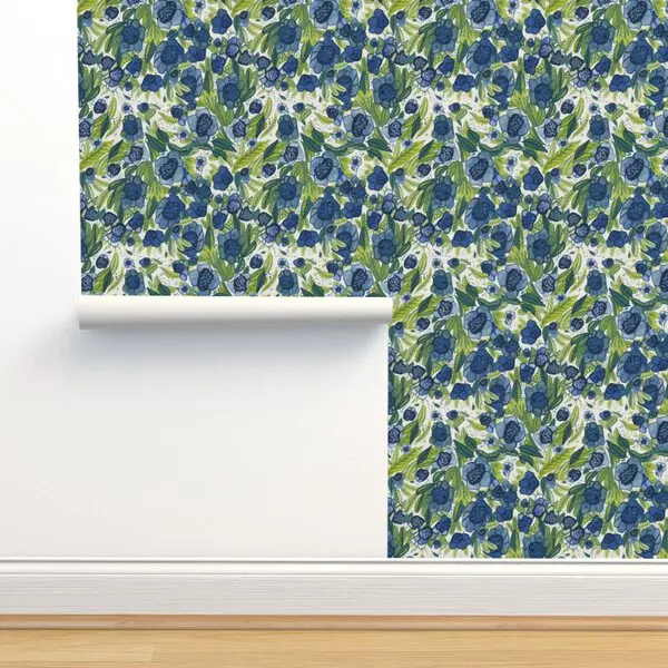 Spoonflower Blue Blob Flowers 100% Natural Sisal Grasscloth Wallcovering