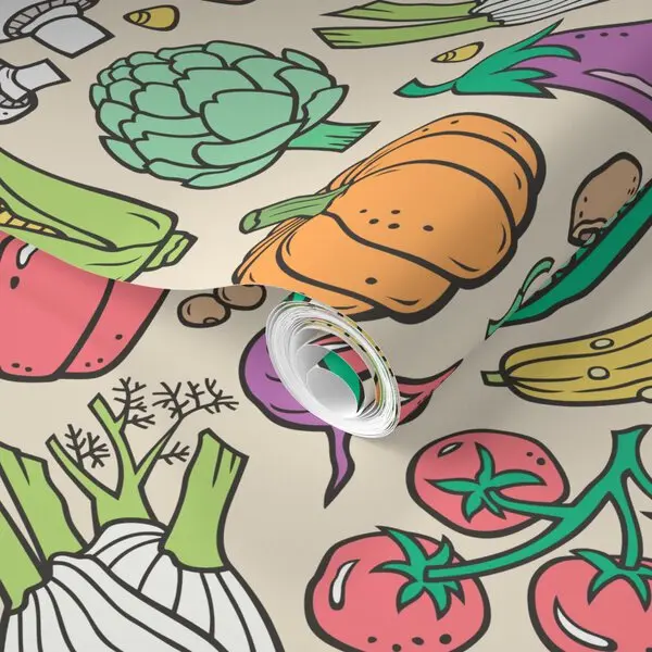 Spoonflower Colorful Harvest Autumn Vegetables On Yellow Custom Removable Wallpaper - Beige,green,gray