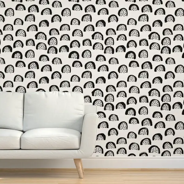 Spoonflower Monochrome Black And White Fruit Abstract Minimal 100% Natural Sisal Grasscloth Wallcovering - Black,white