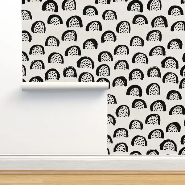 Spoonflower Monochrome Black And White Fruit Abstract Minimal 100% Natural Sisal Grasscloth Wallcovering - Black,white