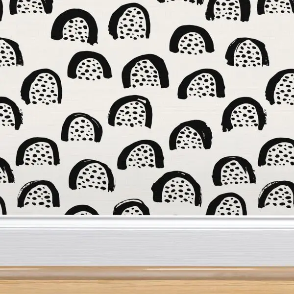 Spoonflower Monochrome Black And White Fruit Abstract Minimal 100% Natural Sisal Grasscloth Wallcovering - Black,white