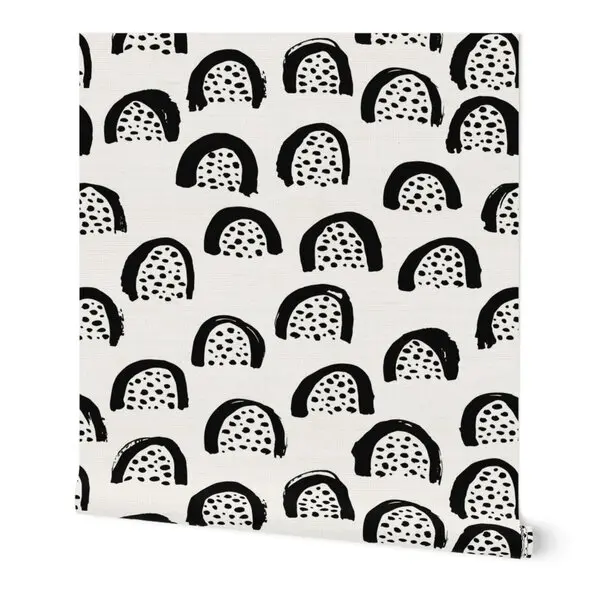 Spoonflower Monochrome Black And White Fruit Abstract Minimal 100% Natural Sisal Grasscloth Wallcovering - Black,white