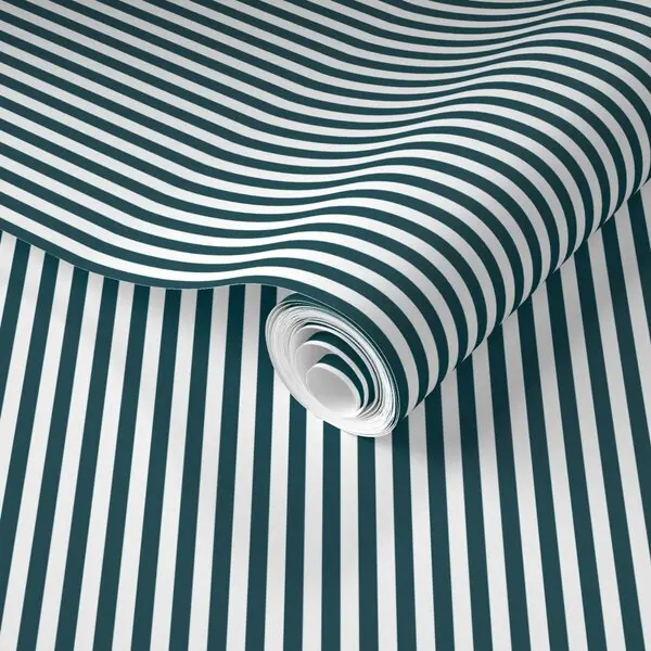 Spoonflower Stripes Striped Vertical Dark Teal And White Traditional Wallpaper - Blue,white,teal
