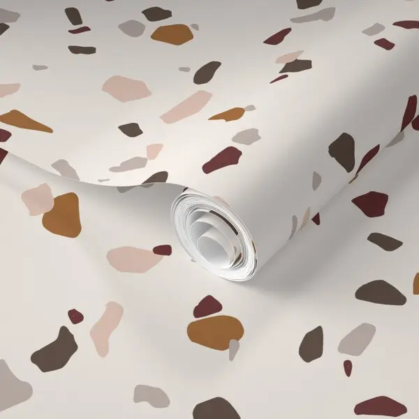 Spoonflower Terrazzo Copper Blush Burgundy Brown Dark Taupe Custom Pre-pasted Wallpaper - Bronze,beige,gray