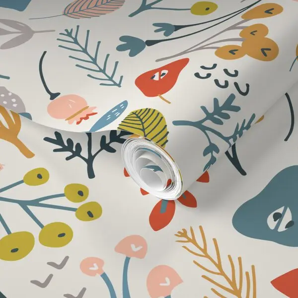 Spoonflower Fall Botanicals Leaves Floral Pattern Autumn Print Traditional Wallpaper - Beige,blue,gray