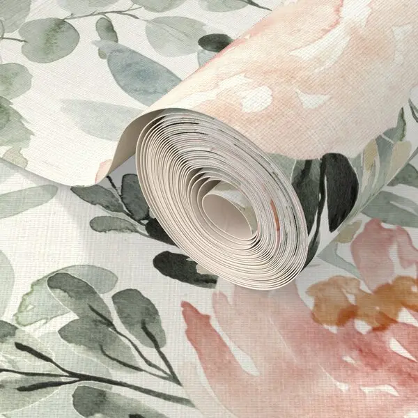 Spoonflower Flowers Floral Modern Watercolor Botanical Painted Custom Removable Wallpaper - Green,pink,gray
