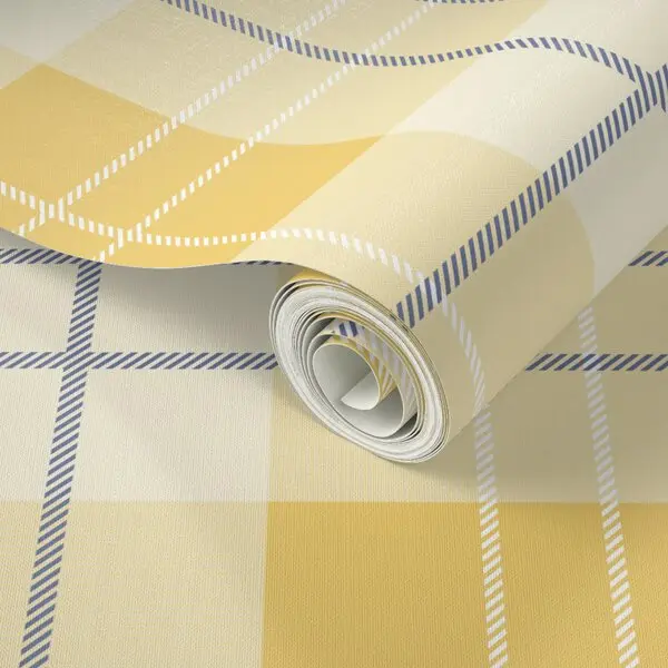 Spoonflower Rustic Farmhouse Plaid Provence Yellow Mustard Traditional Wallpaper - Yellow,white,beige