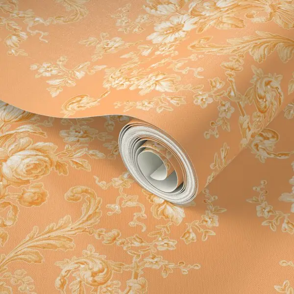 Spoonflower Orange Citrus Summer Roses Toile Wedding Custom Removable Wallpaper - Orange,brown,beige
