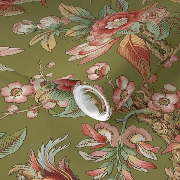 Spoonflower Victorian Floral Damask Olive Parrot Custom Pre-pasted Wallpaper - Green,red,brown