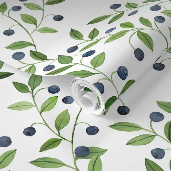 Spoonflower White Green Blue Nature Fruit Kitchen Custom Pre-pasted Wallpaper - Mint,green