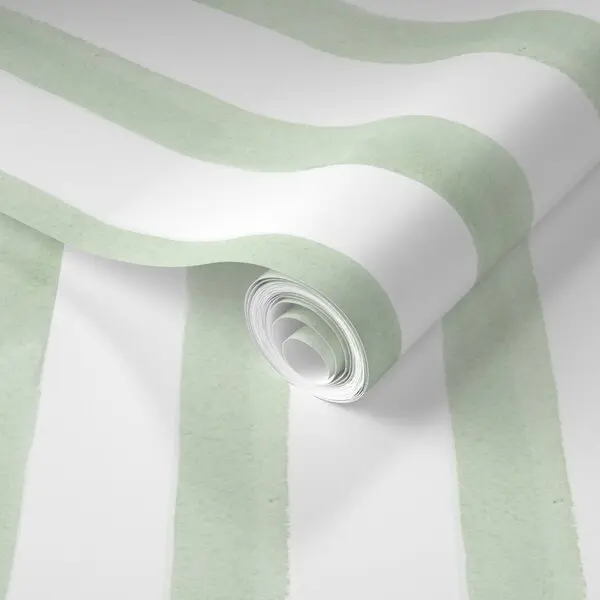 Spoonflower Green Watercolor Stripes Custom Pre-pasted Wallpaper - Mint,gray,green