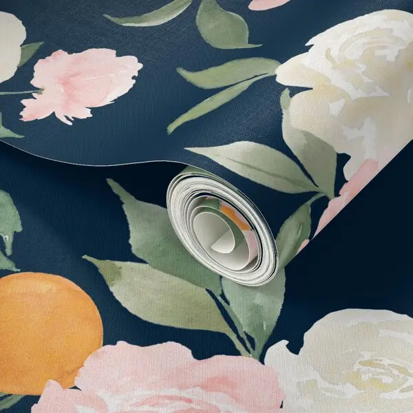 Spoonflower Flowers Leaves Floral Fruit Navy Spring Summer Custom Pre-pasted Wallpaper - Blue,white,beige
