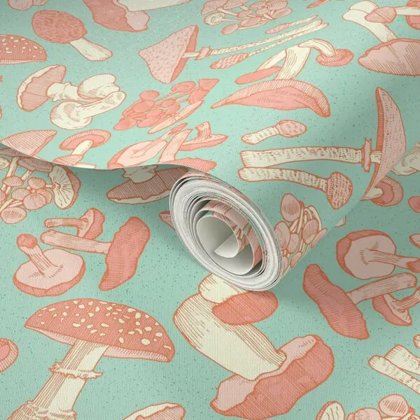 Spoonflower Orange Forest Mint Food Mushroom Woods Toadstool Traditional Wallpaper - Mint,orange,green