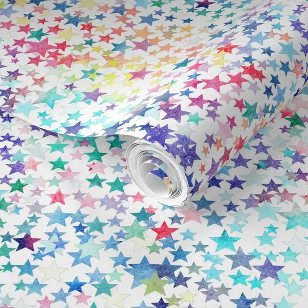 Spoonflower Stars Rainbow Watercolour Custom Pre-pasted Wallpaper - Green,blue,pink