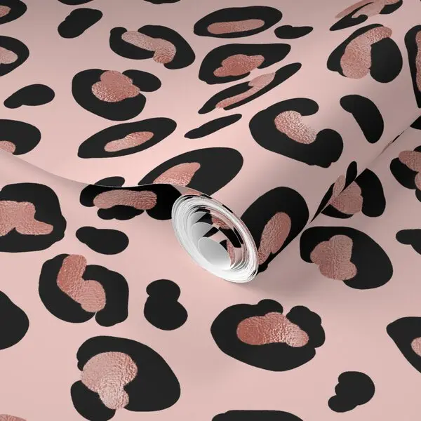 Spoonflower Leopard Rose Gold Spots Pink Animal Camouflage Cat Custom Pre-pasted Wallpaper - Pink,black,brown