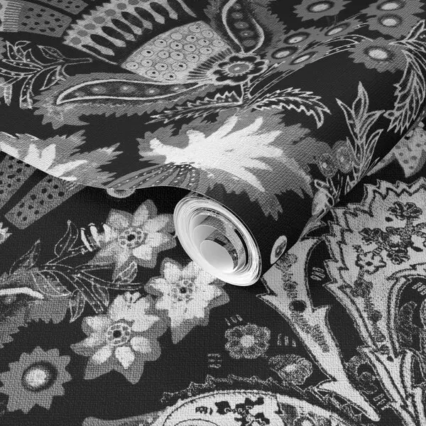 Spoonflower Black And White Floral Traditional Custom Pre-pasted Wallpaper - Black,white,gray