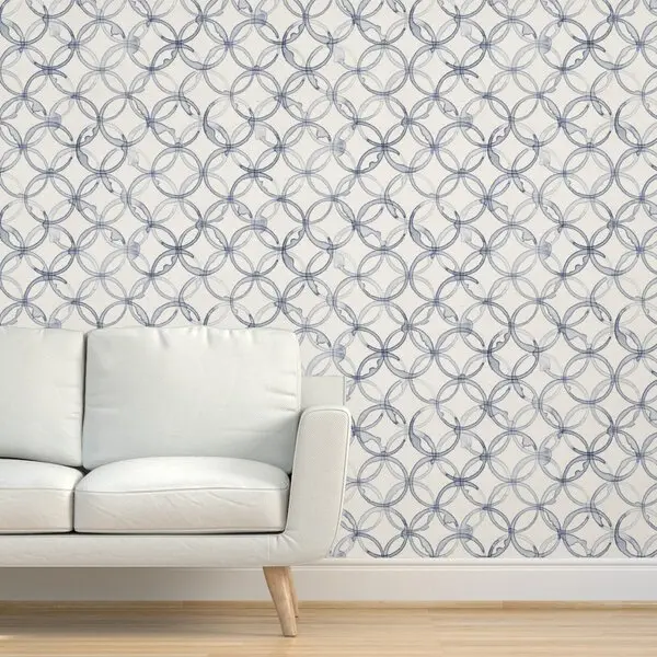 Spoonflower Watercolor Rings Navy 100% Natural Sisal Grasscloth Wallcovering - Navy,blue