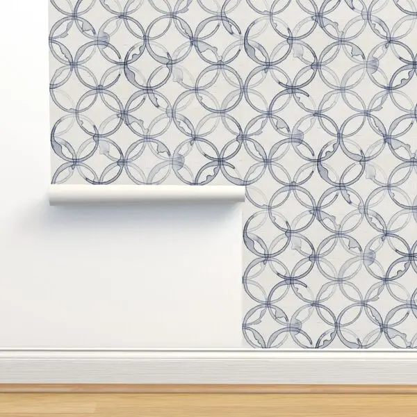 Spoonflower Watercolor Rings Navy 100% Natural Sisal Grasscloth Wallcovering - Navy,blue