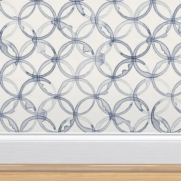 Spoonflower Watercolor Rings Navy 100% Natural Sisal Grasscloth Wallcovering - Navy,blue