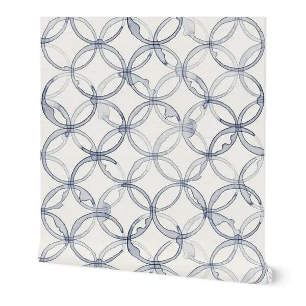 Spoonflower Watercolor Rings Navy 100% Natural Sisal Grasscloth Wallcovering - Navy,blue