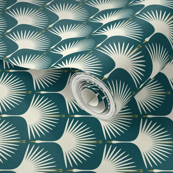 Spoonflower Art Deco Swan Custom Pre-pasted Wallpaper - Teal,green,gray