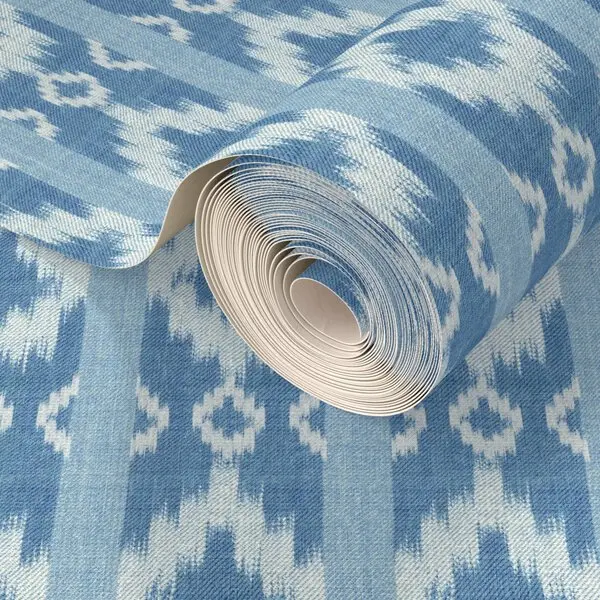 Spoonflower Blue Ikat0225 100% Natural Sisal Grasscloth Wallcovering - White,blue
