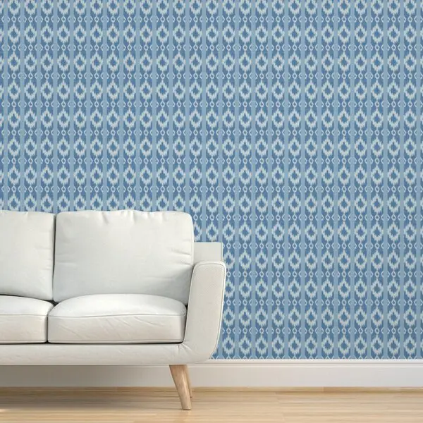 Spoonflower Blue Ikat0225 100% Natural Sisal Grasscloth Wallcovering