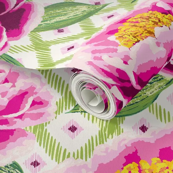Spoonflower Maximalist Peony Lime Pink Green Flowers Nature Custom Pre-pasted Wallpaper - Pink,green