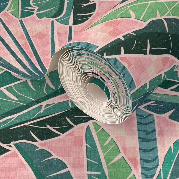 Spoonflower Mod Travellers Palms On Geometric Pink Wave Grid 100% Natural Sisal Grasscloth Wallcovering - Pink,green